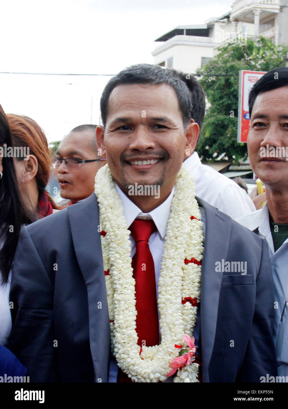 Phnom Penh, Cambodia. 13th Apr, 2015. Meach Sovannara (C), head of the information department of ...
