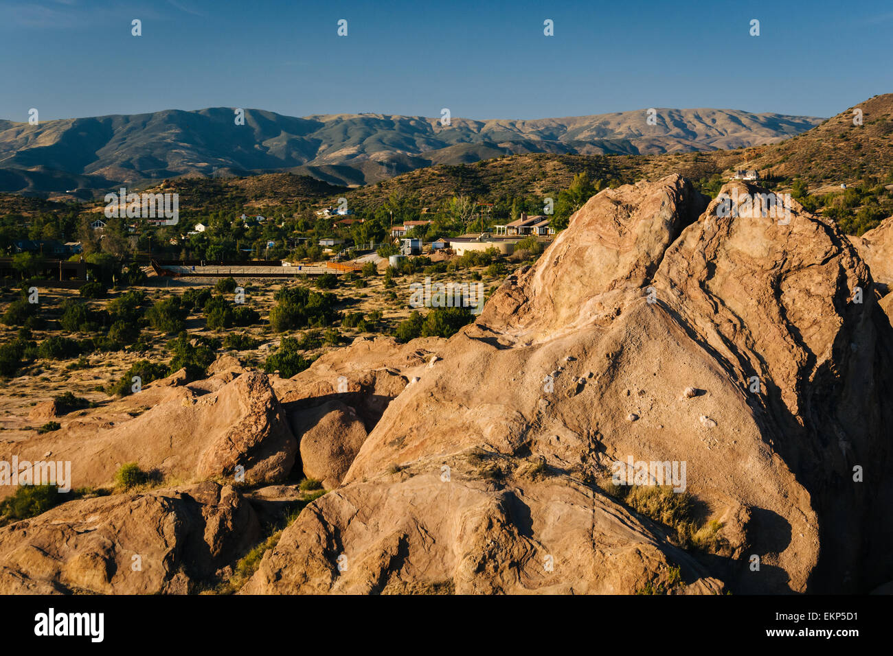 Rocks and view of distant mountains at Vasquez Rocks County Park, in ...