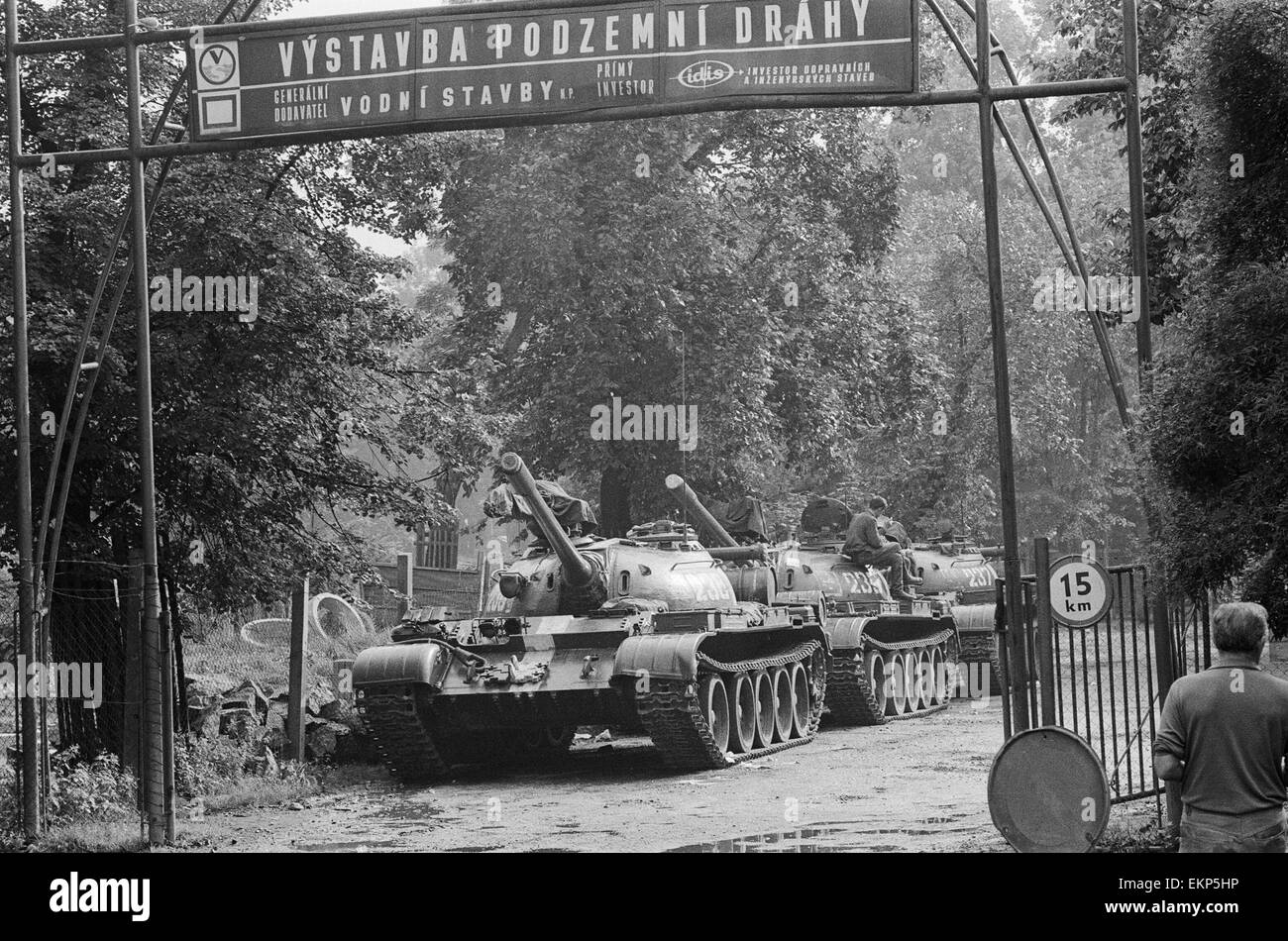Russian T54 tanks seen here parked in a suburb of Prague following the ...