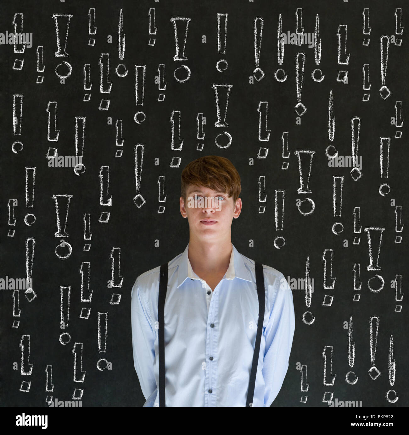 Thinking business man with chalk exclamation marks Stock Photo - Alamy