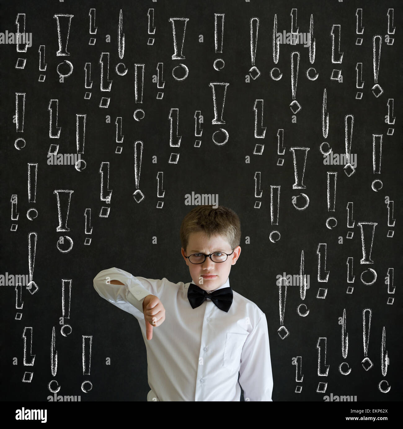 Thumbs down boy business man with chalk exclamation marks Stock Photo ...