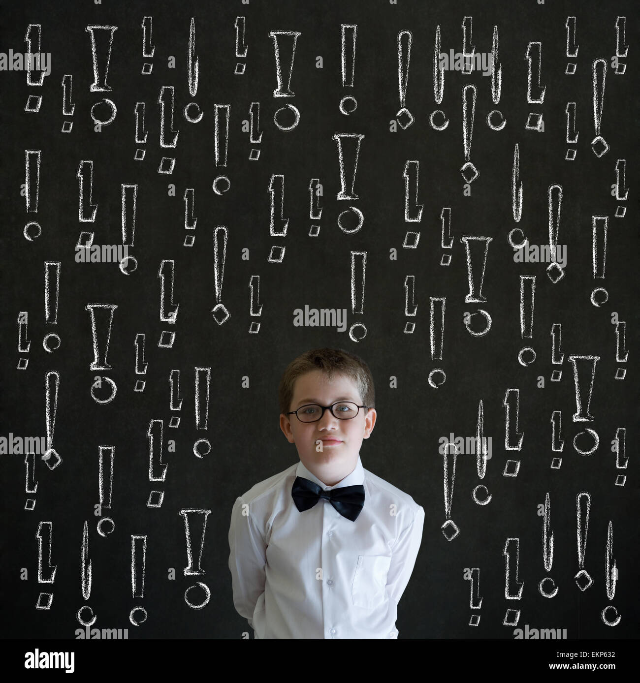 Thinking boy business man with chalk exclamation marks Stock Photo - Alamy