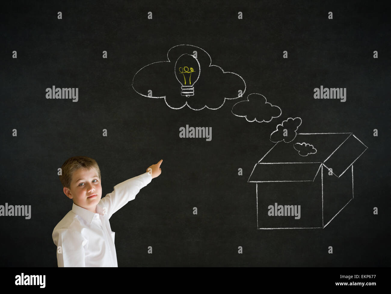 Pointing boy business man with thinking out the box concept Stock Photo ...