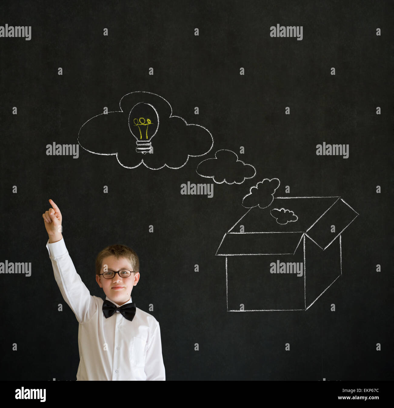 Hand up answer boy business man with thinking out the box concept Stock ...