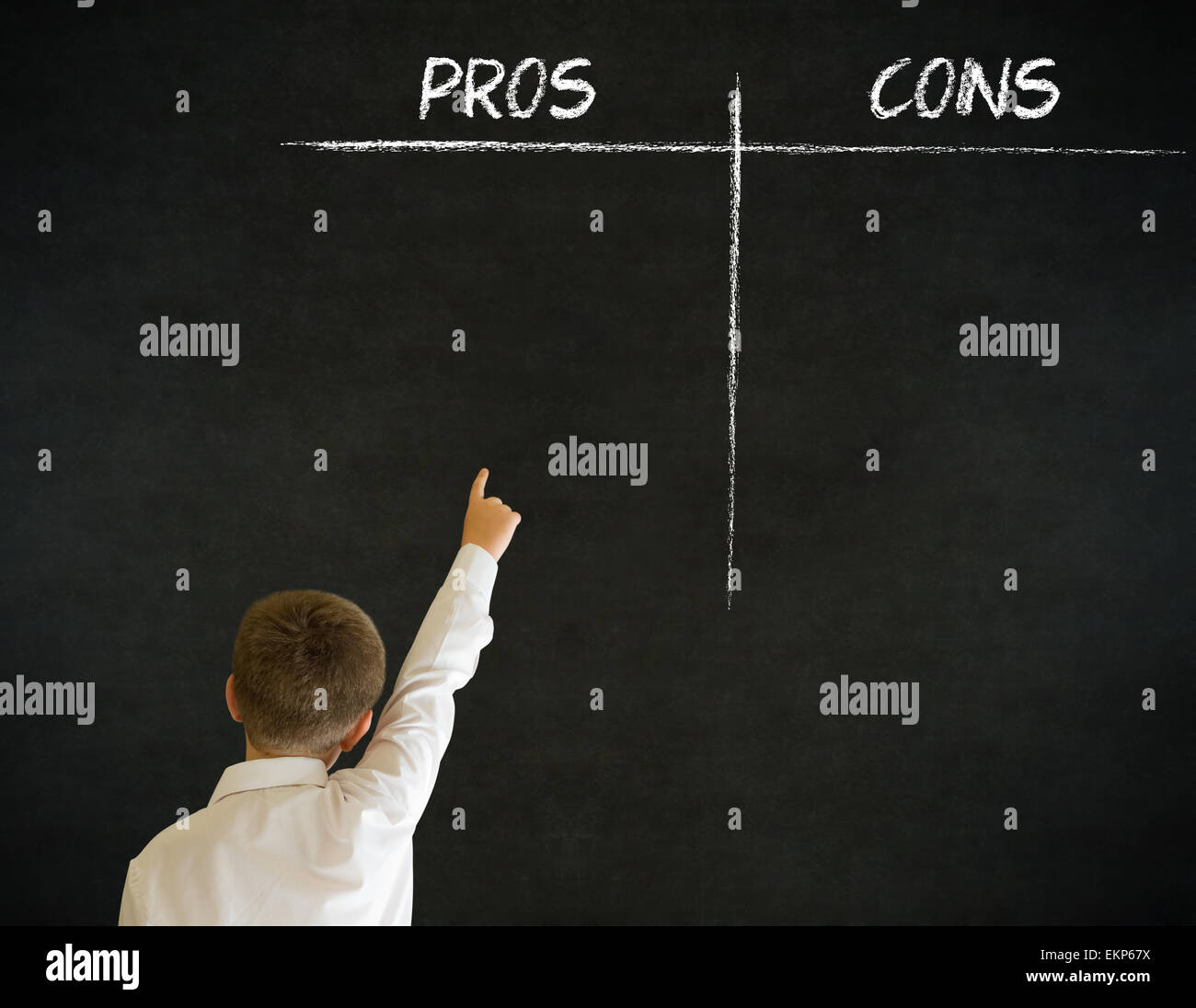 Hand up answer boy business man with pros and cons list Stock Photo - Alamy
