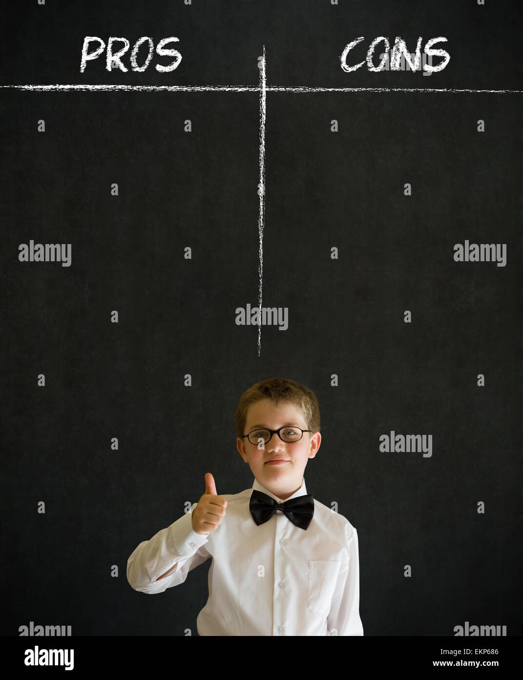 Thumbs up boy business man with pros and cons list Stock Photo - Alamy
