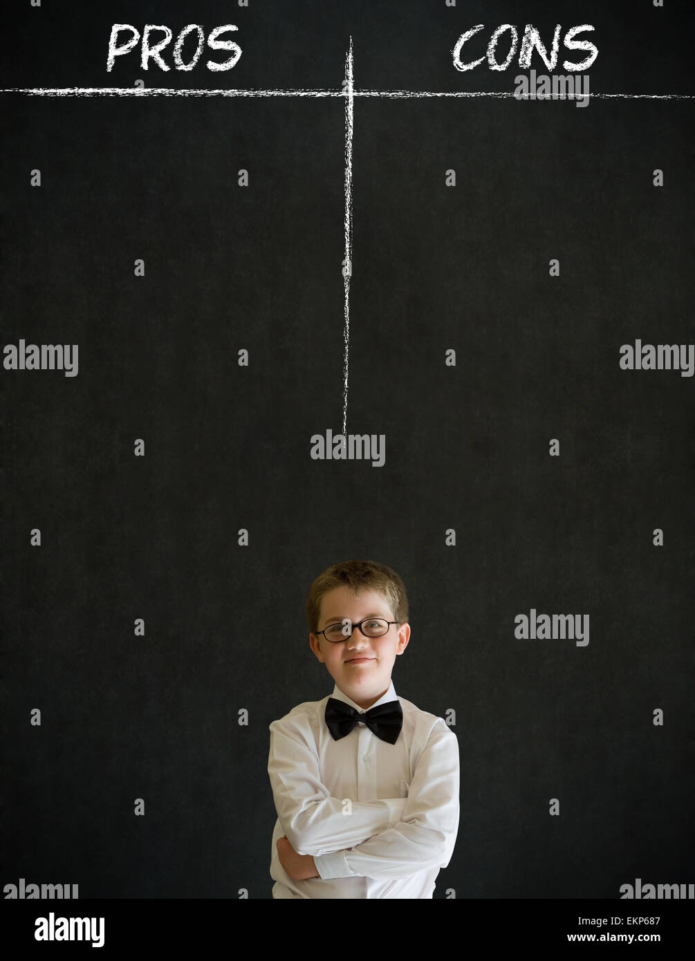 Thinking boy business man with pros and cons list Stock Photo - Alamy