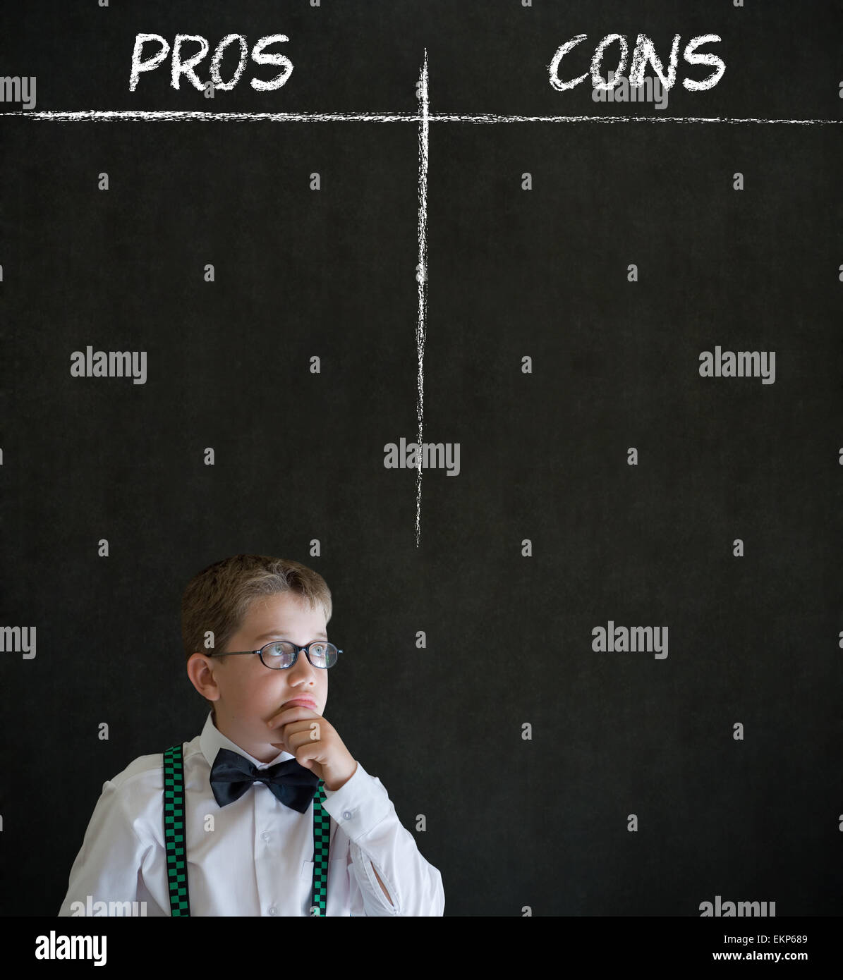 Thinking boy business man with pros and cons list Stock Photo - Alamy