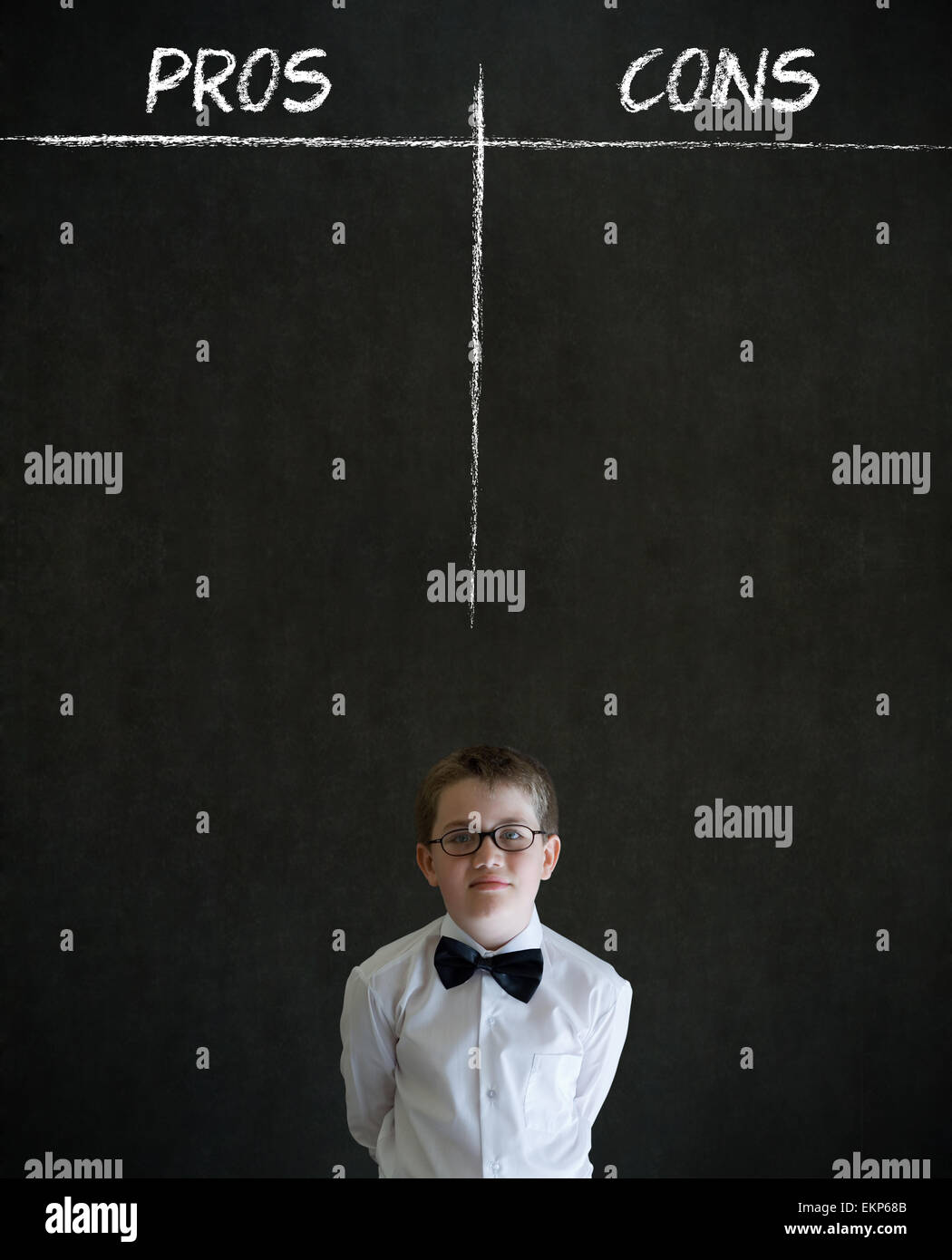 Thinking boy business man with pros and cons list Stock Photo - Alamy