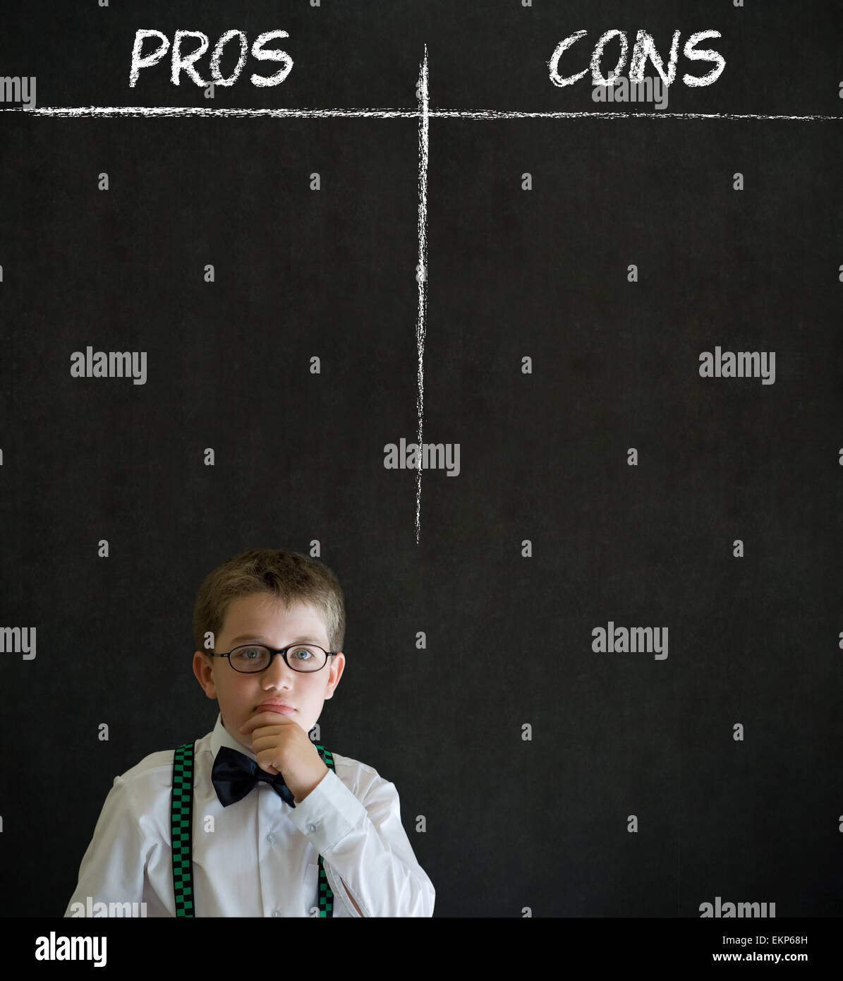 Thinking boy business man with pros and cons list Stock Photo - Alamy