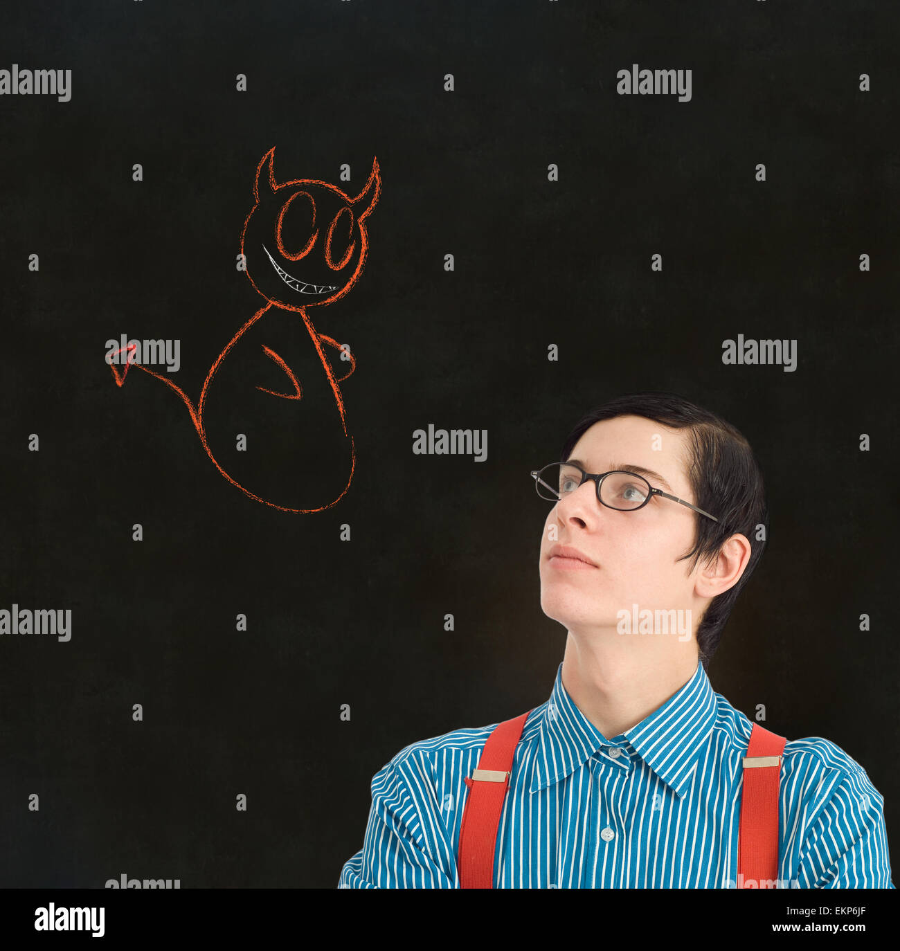 Nerd geek businessman student teacher angel devil chalk decision Stock ...