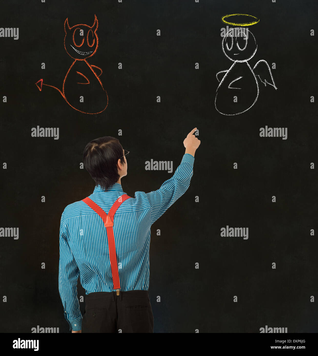 Nerd geek businessman student teacher angel devil chalk decision Stock ...