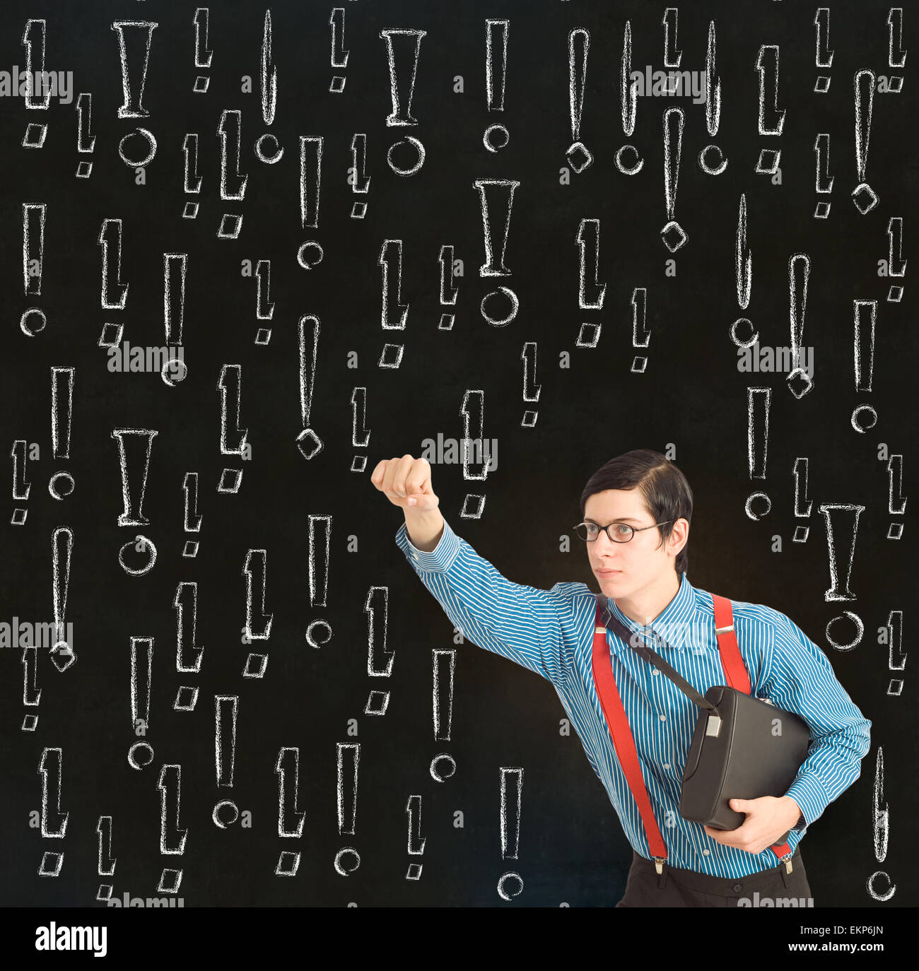 Nerd geek businessman student teacher chalk exclamation marks Stock ...