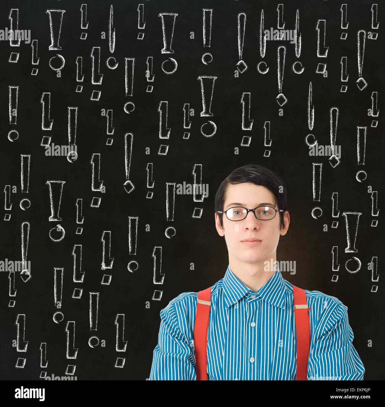 Nerd geek businessman student teacher chalk exclamation marks Stock ...