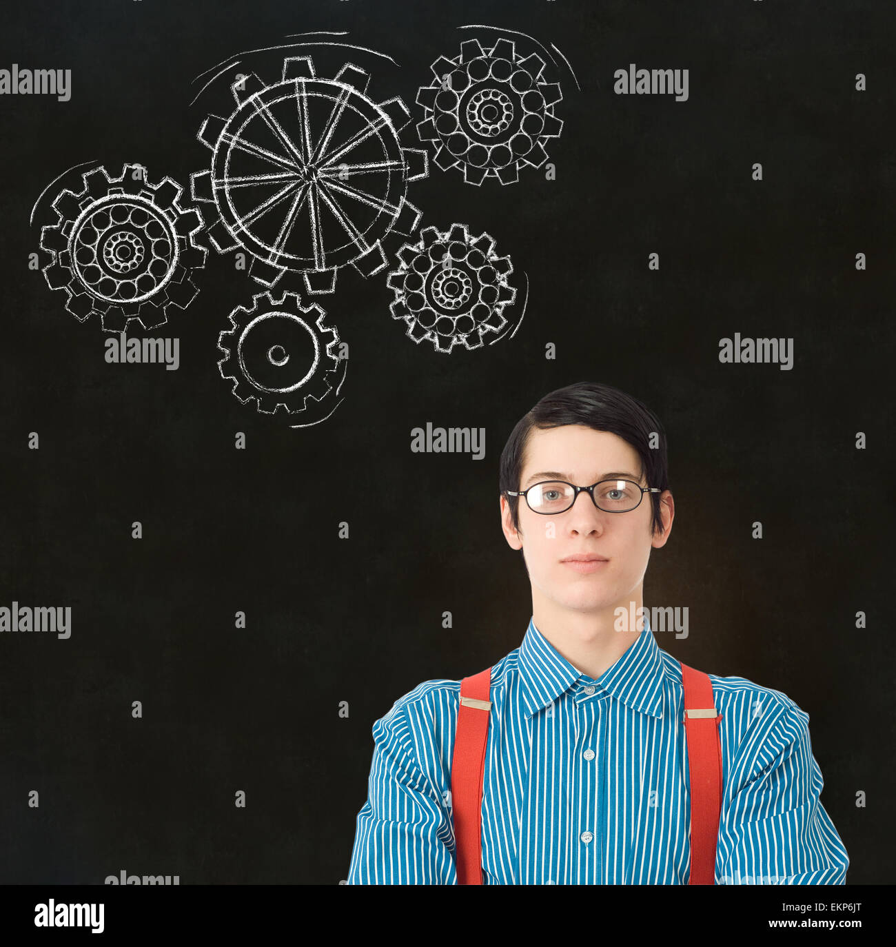Nerd geek businessman student teacher chalk thinking gears cogs Stock ...