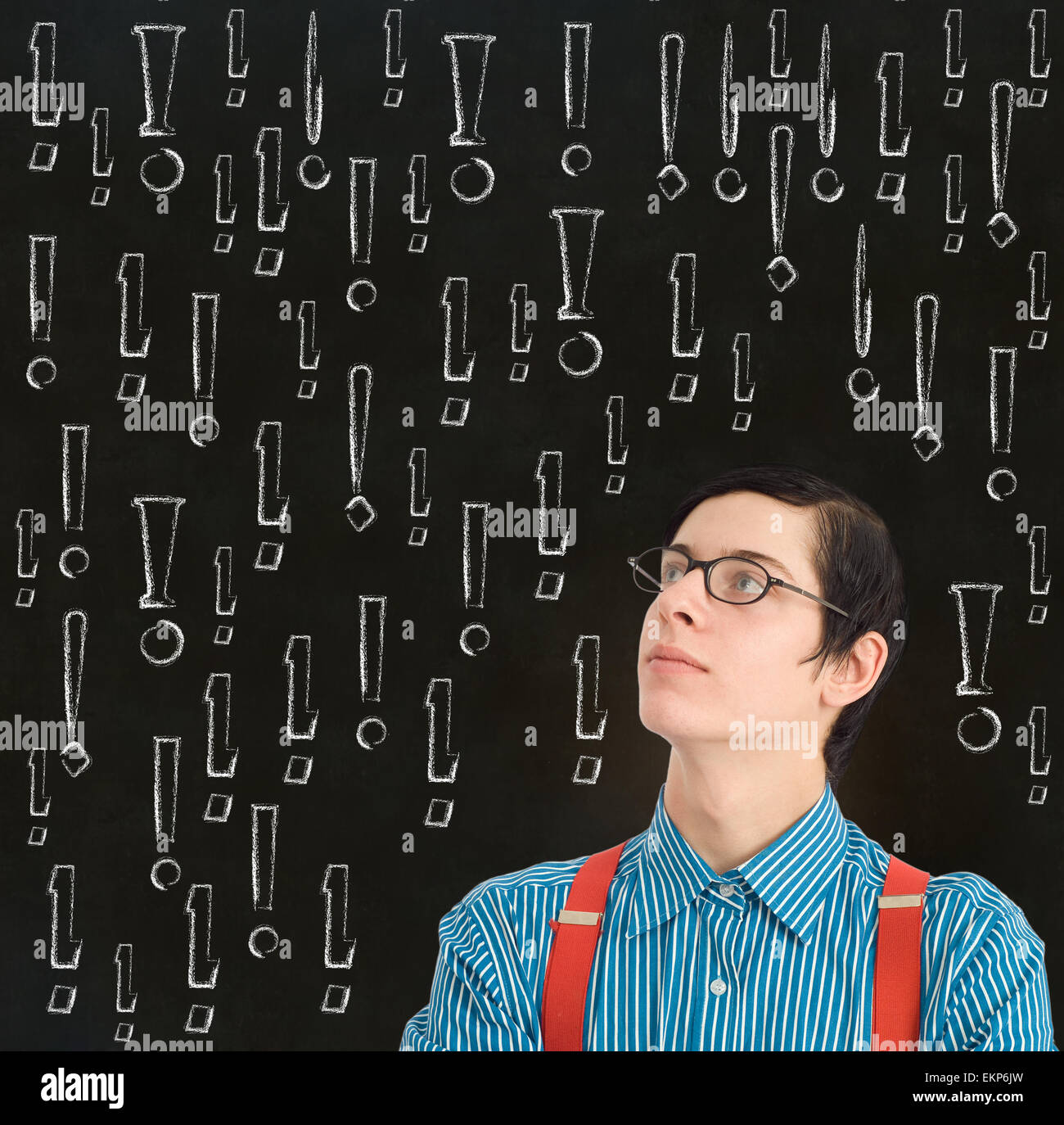 Nerd geek businessman student teacher chalk exclamation marks Stock ...