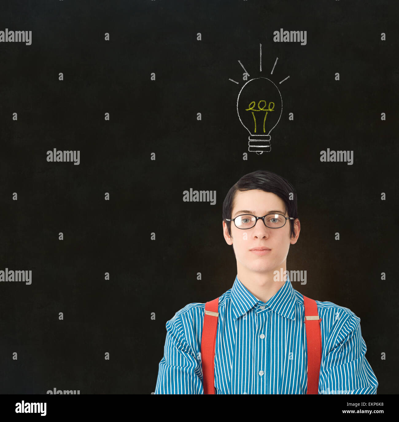 Nerd geek businessman student teacher chalk lightbulb Stock Photo - Alamy