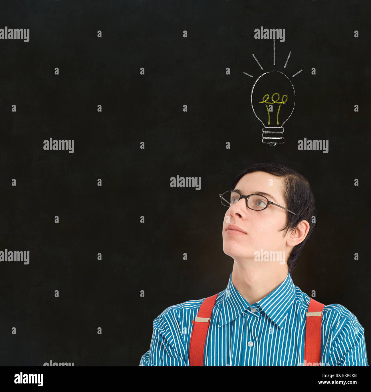 Nerd geek businessman student teacher chalk lightbulb Stock Photo - Alamy