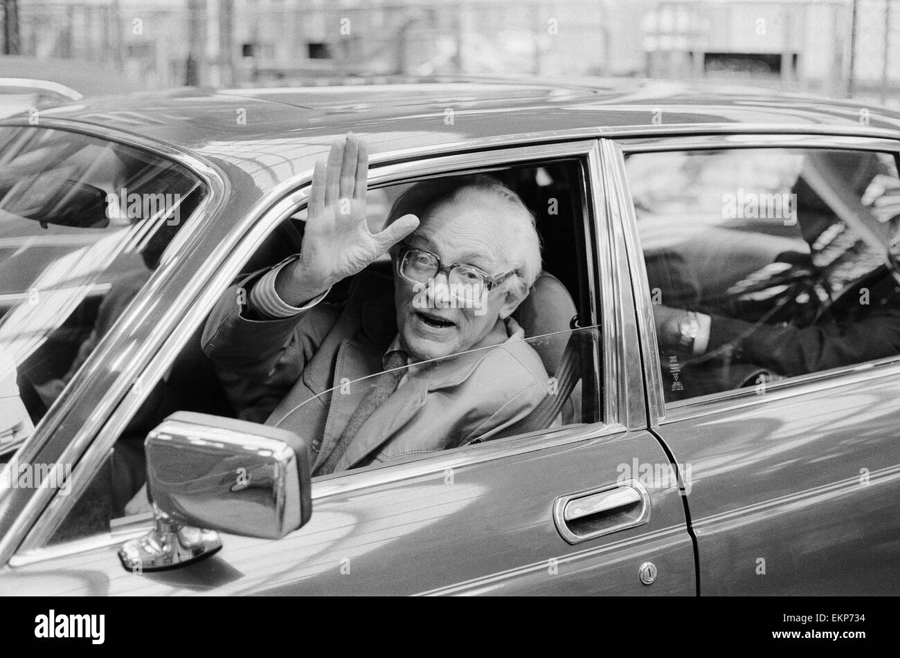 Labour leader Michael Foot arriving at the election tour in Lancashire ...