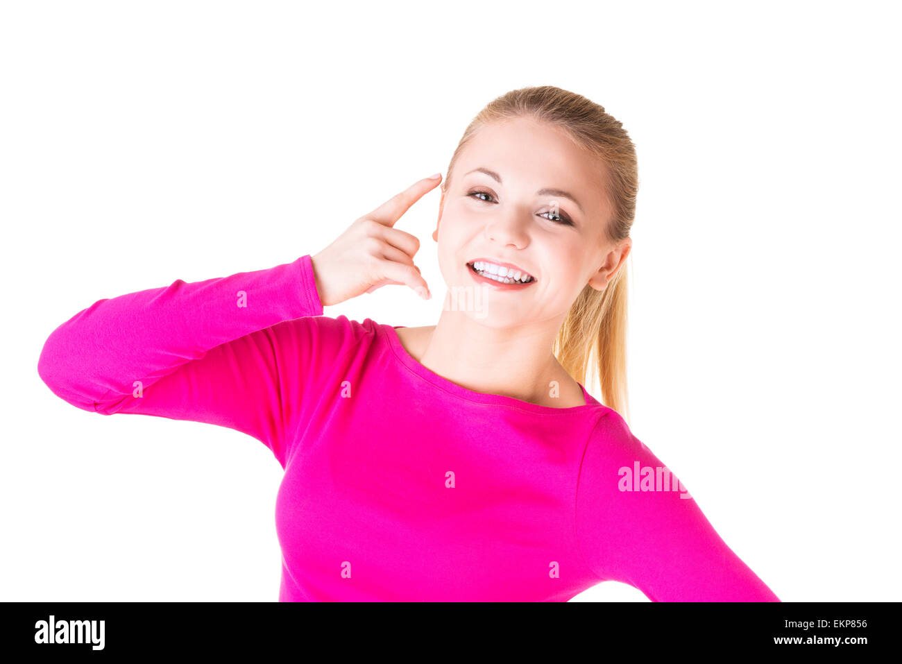 Young happy woman gesturing "call me Stock Photo - Alamy