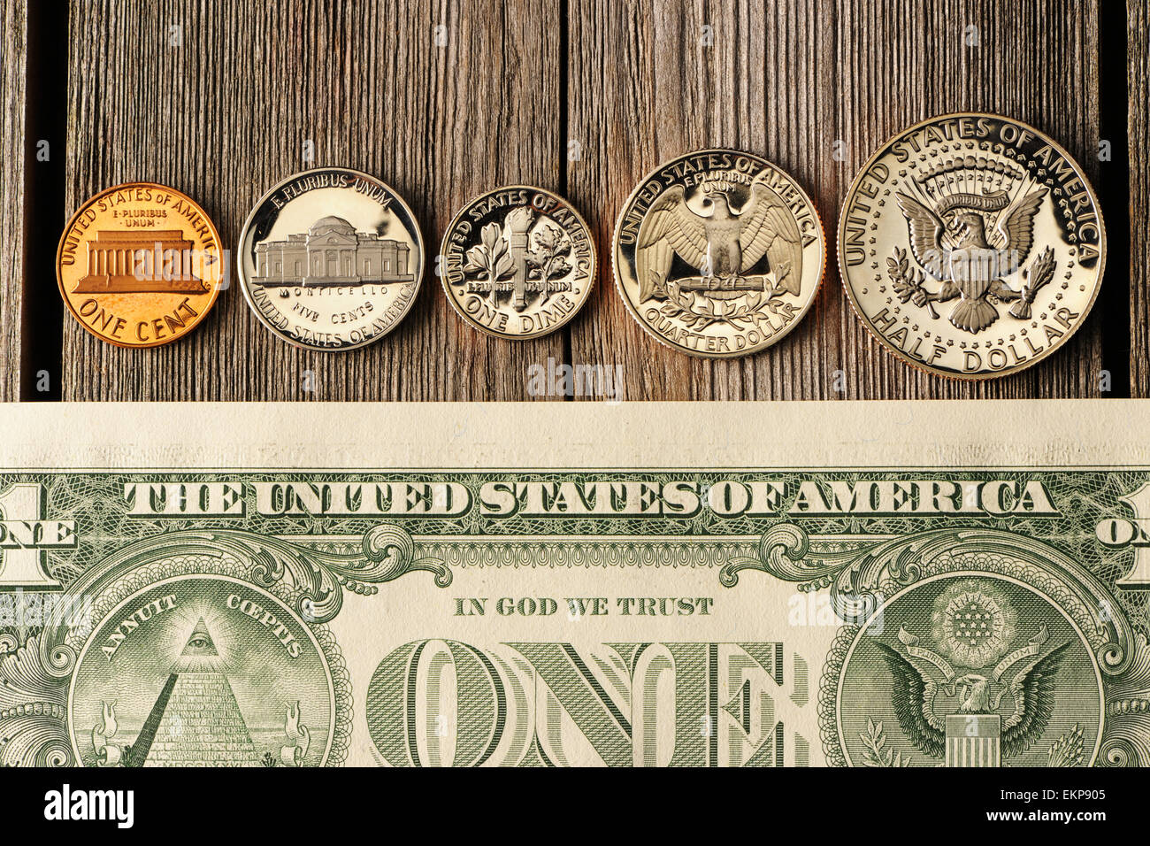 US money over wooden background Stock Photo - Alamy