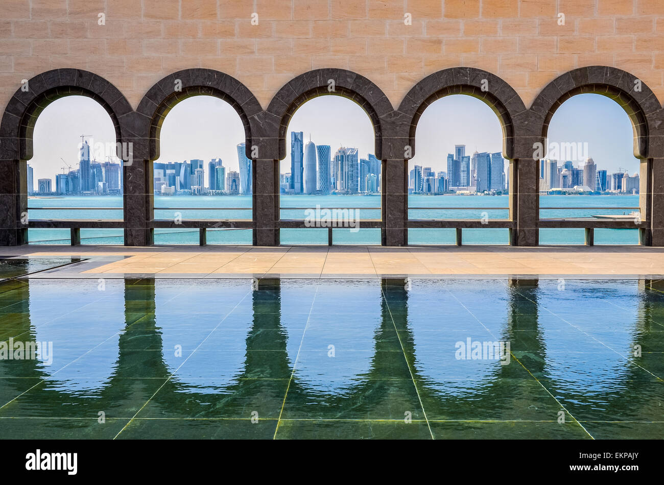 Doha skyline through the arches of the Museum of Islamic art, Do Stock ...