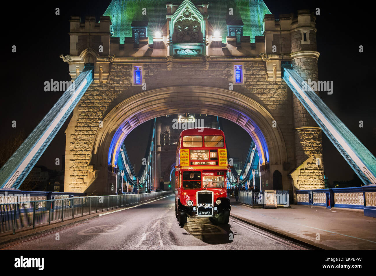 RTL London Bus crossing Tower Bridge Stock Photo - Alamy