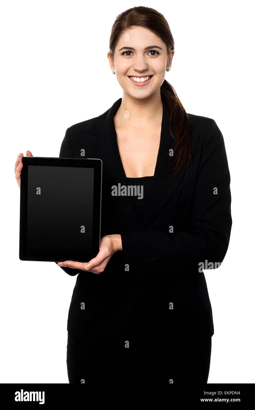 Female presenting brand new tablet pc Stock Photo - Alamy