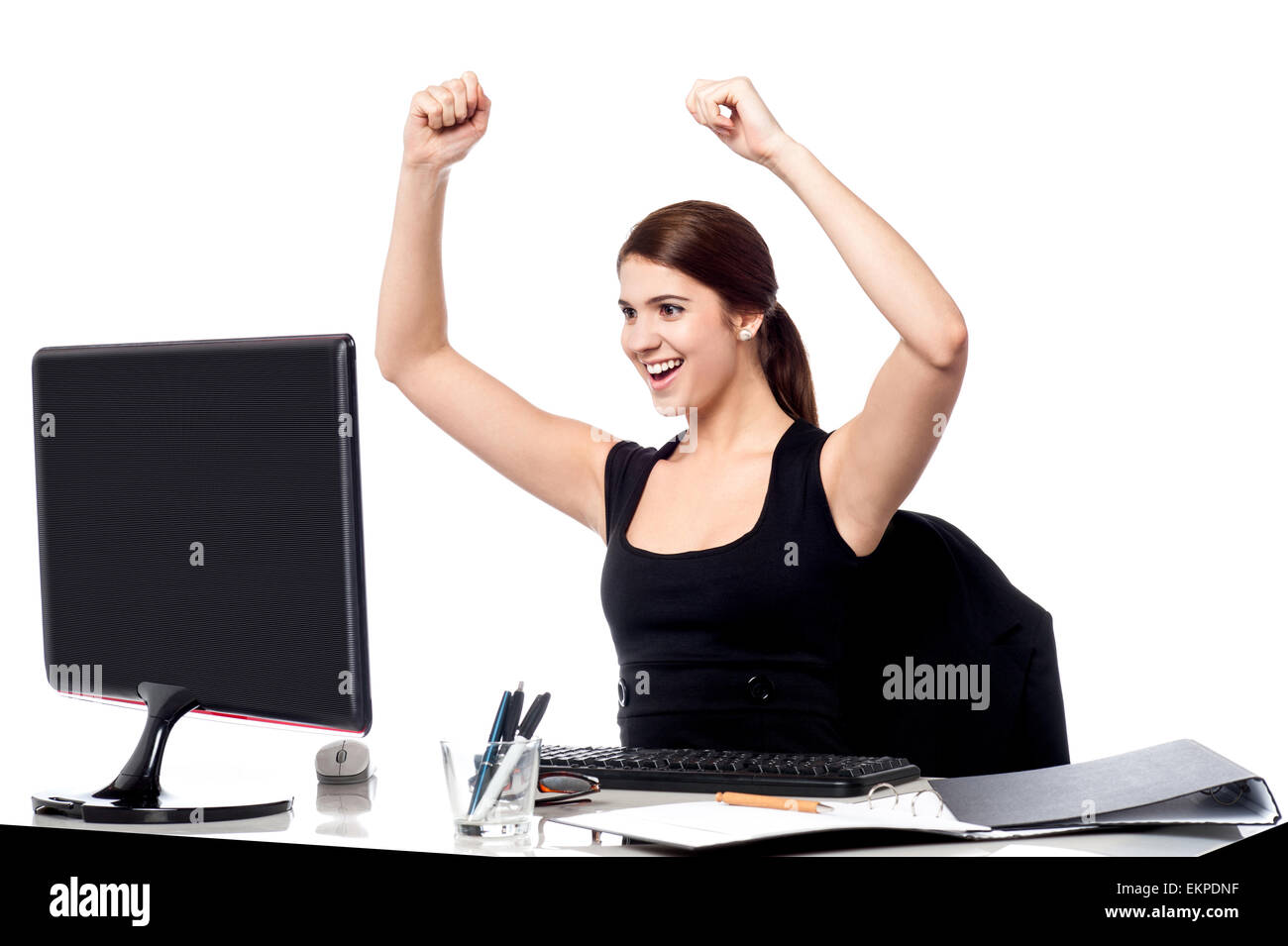 Excited business woman raising her hands Stock Photo - Alamy Excited business woman raising her hands Stock Photo - Alamy