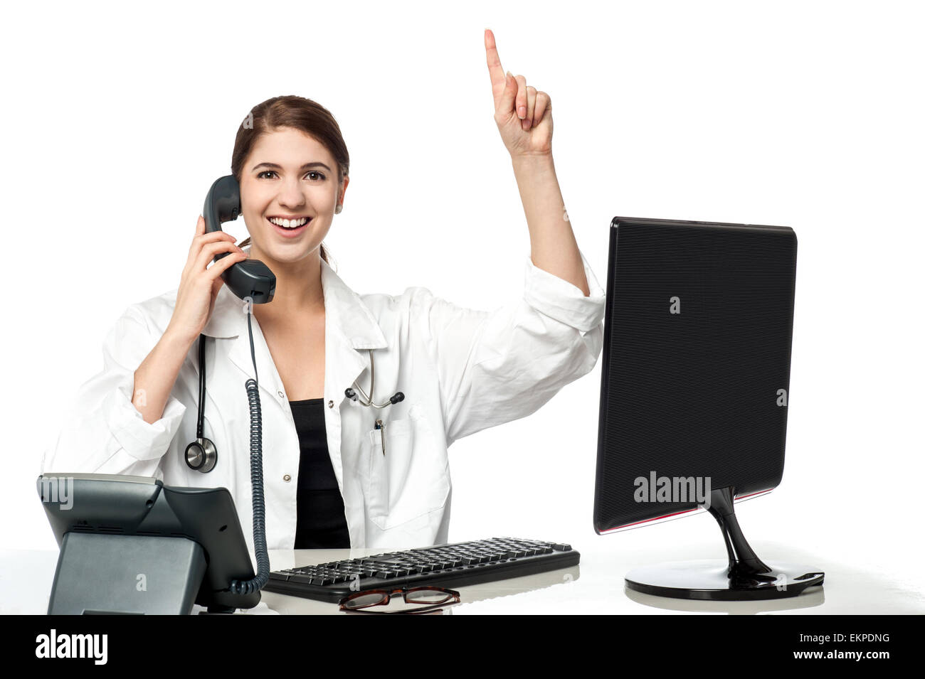 Female physician answering phone call Stock Photo - Alamy