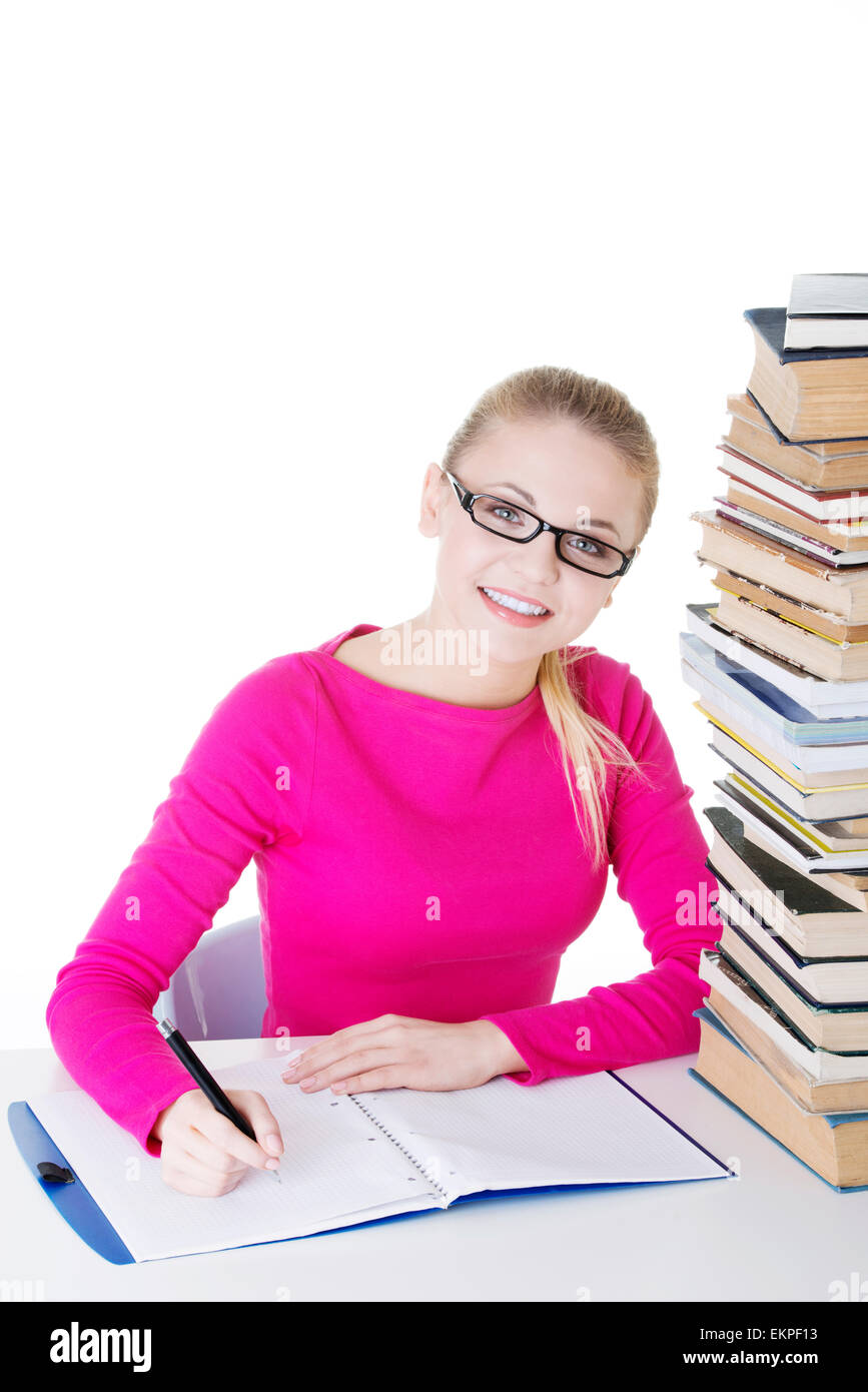 Happy student girl learning Stock Photo - Alamy