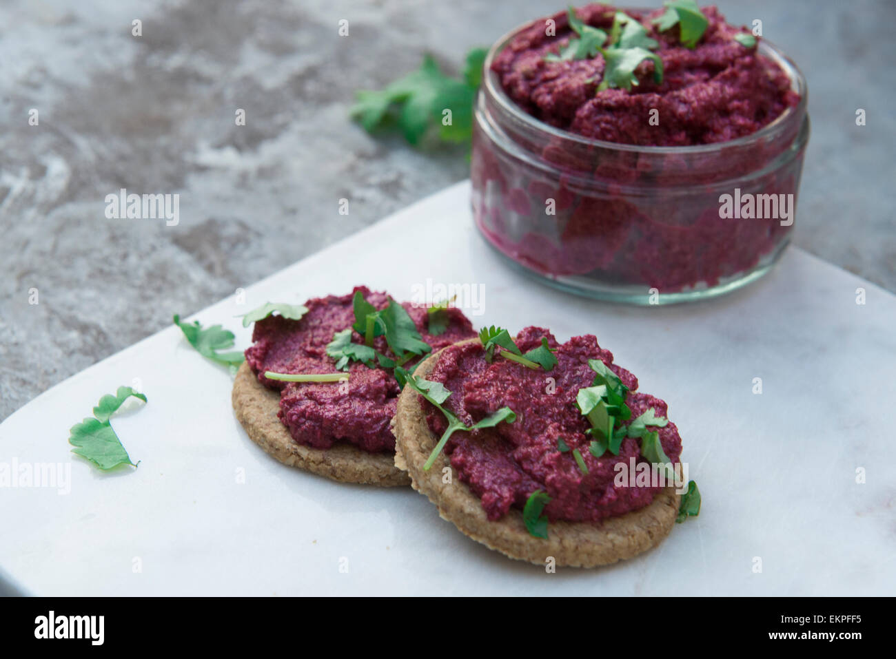 Beetroot pate on Rye biscuit with quails egg Stock Photo - Alamy