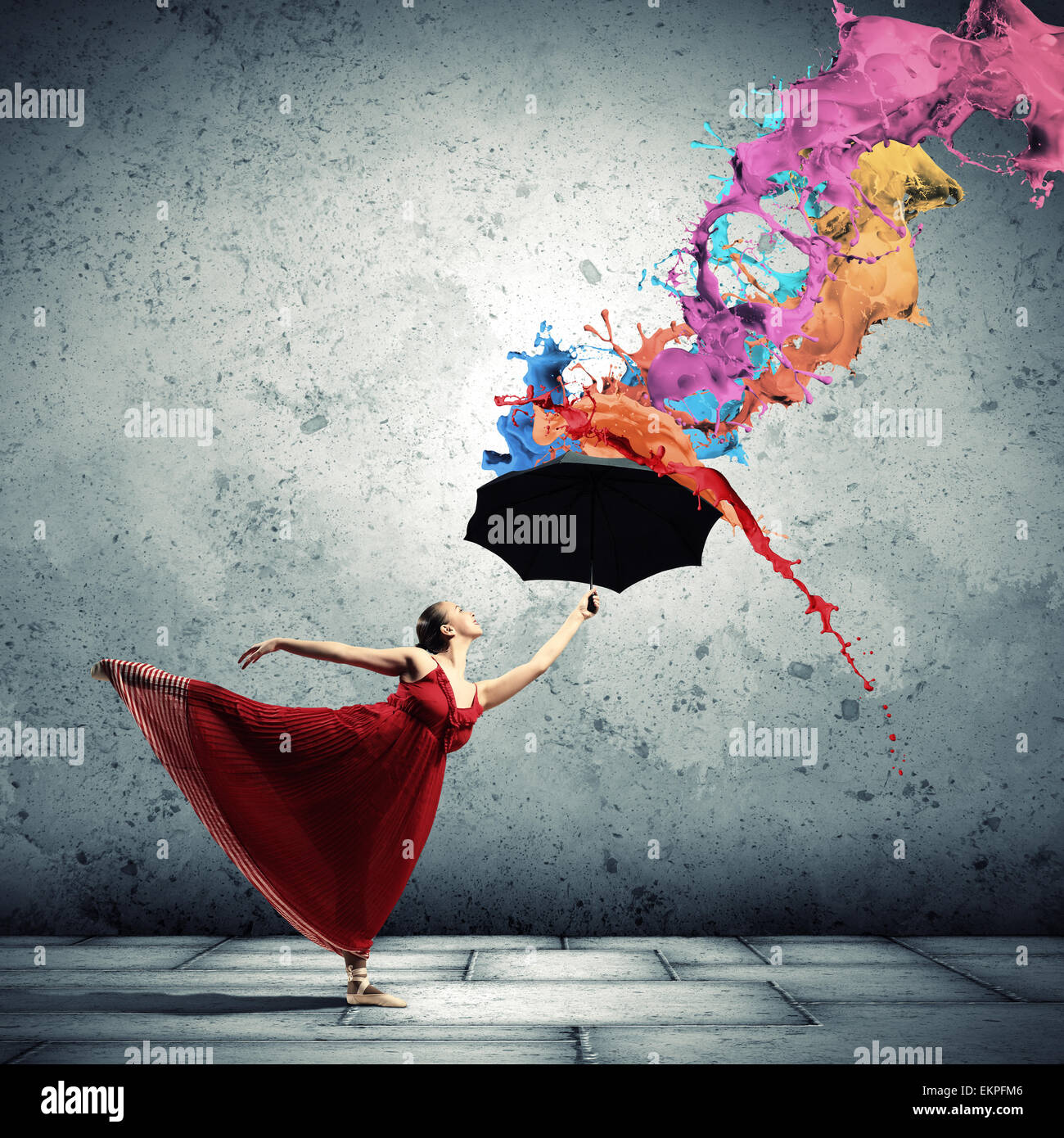 Ballet dancer in flying satin dress with umbrella Stock Photo - Alamy