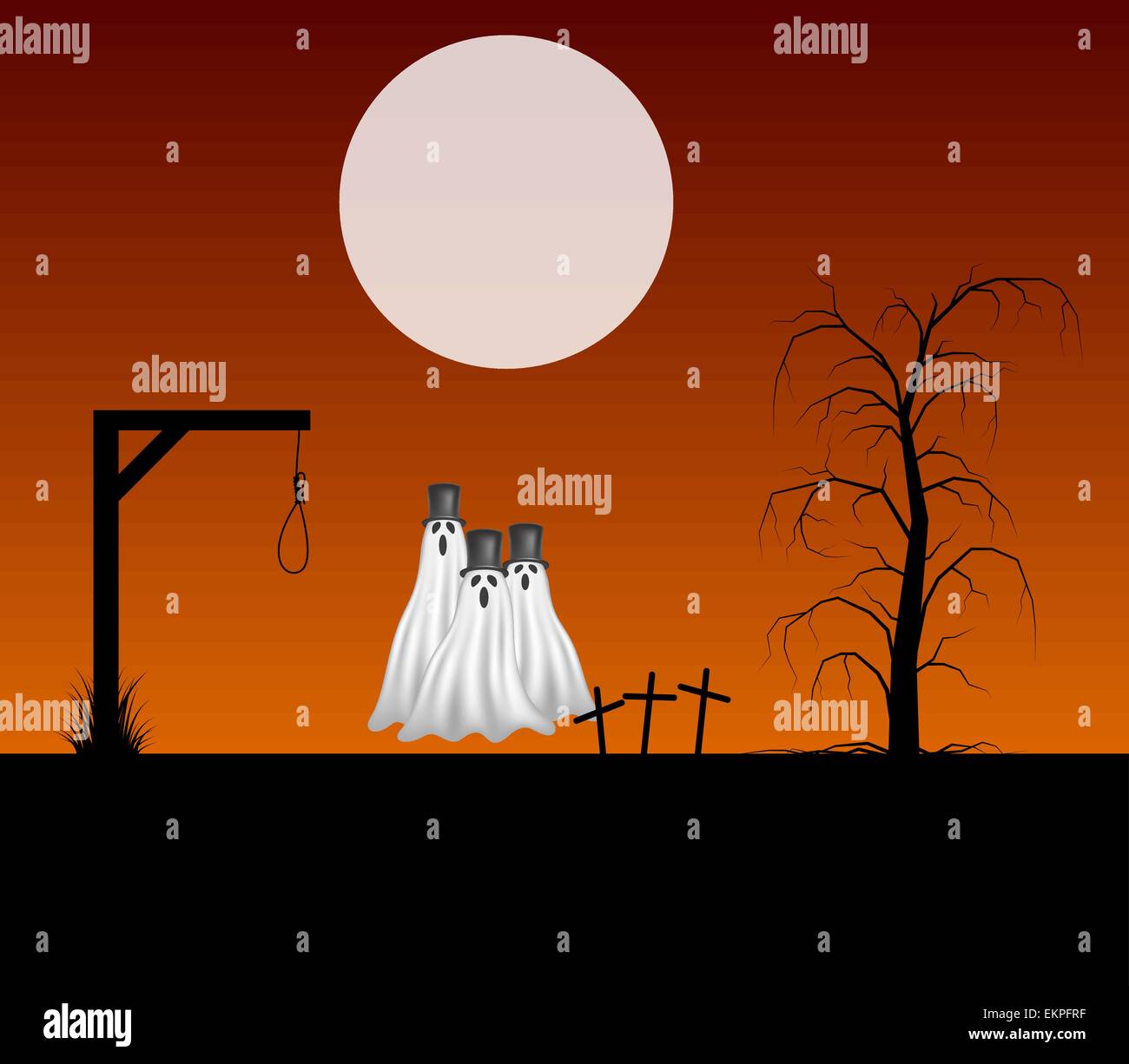 Spooky background with three ghosts with hats standing in the cemetery ...