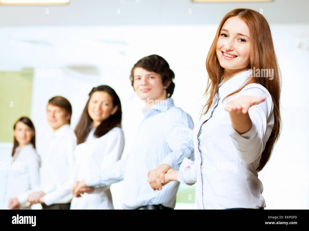 Five students smiling Stock Photo - Alamy