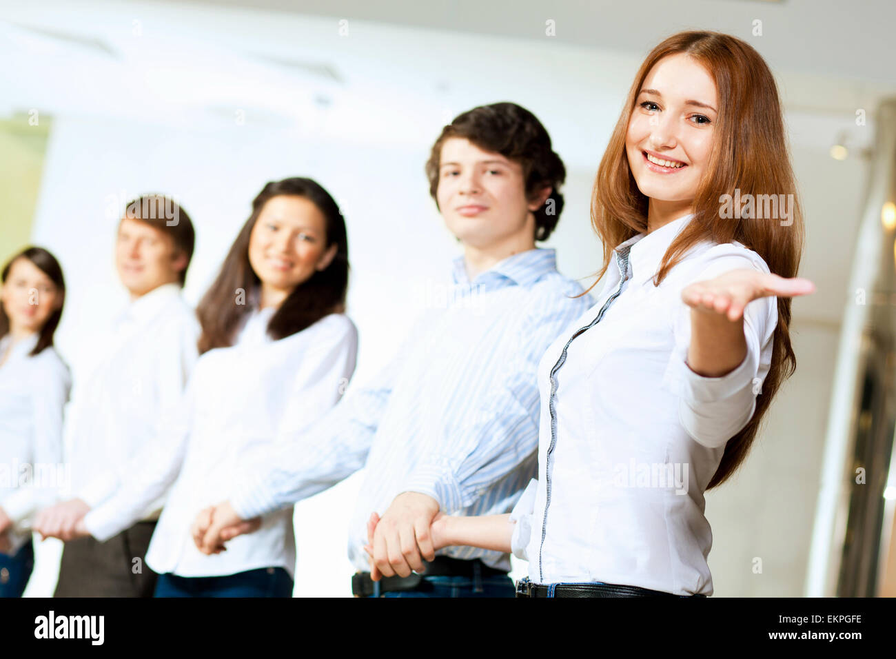 Five students smiling Stock Photo - Alamy