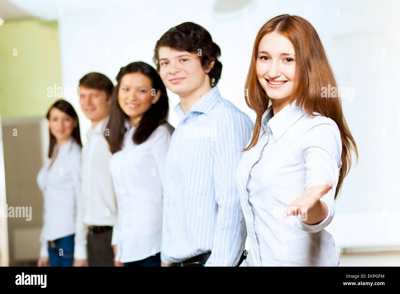 Five students smiling Stock Photo - Alamy