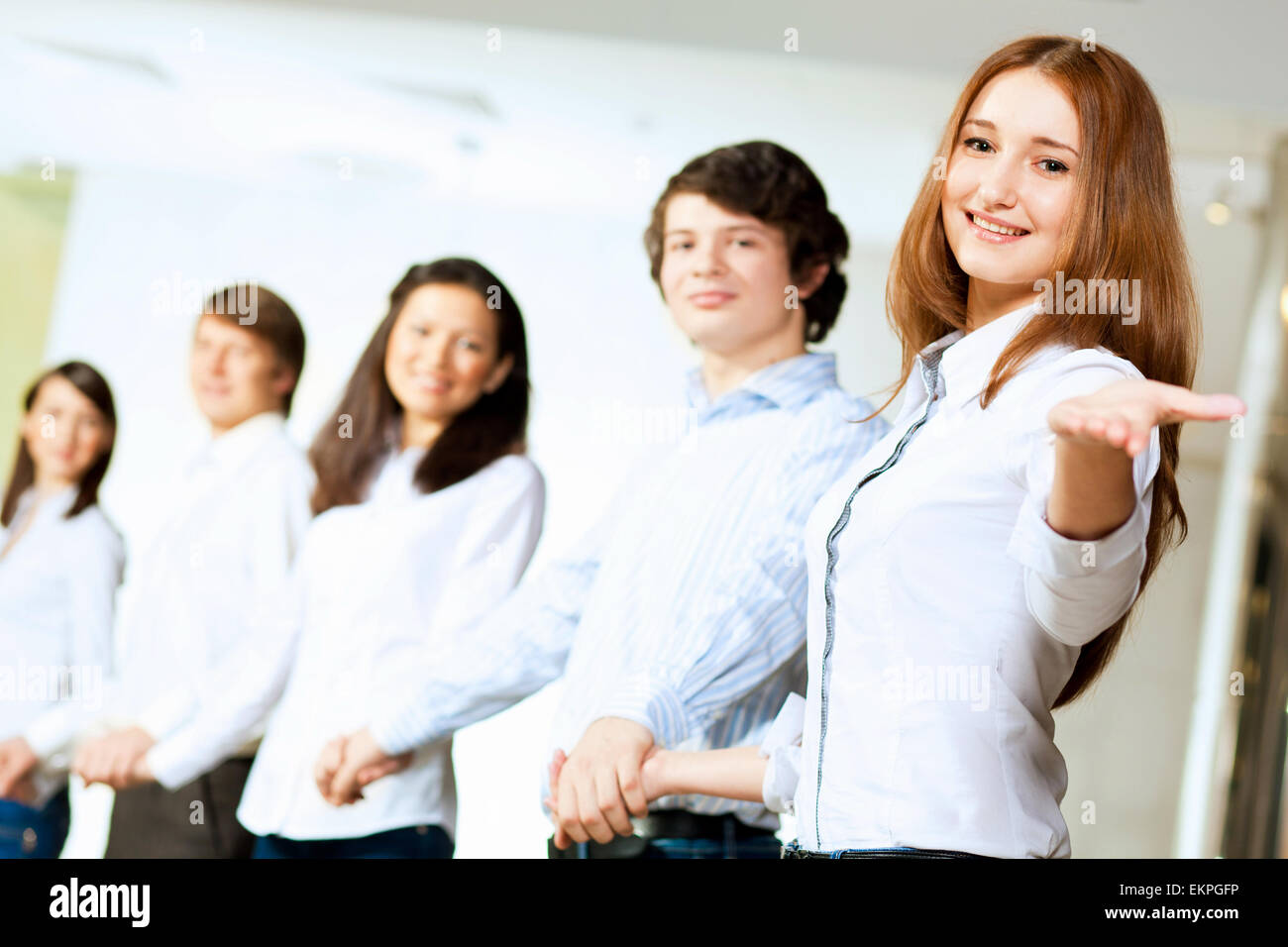 Five students smiling Stock Photo - Alamy