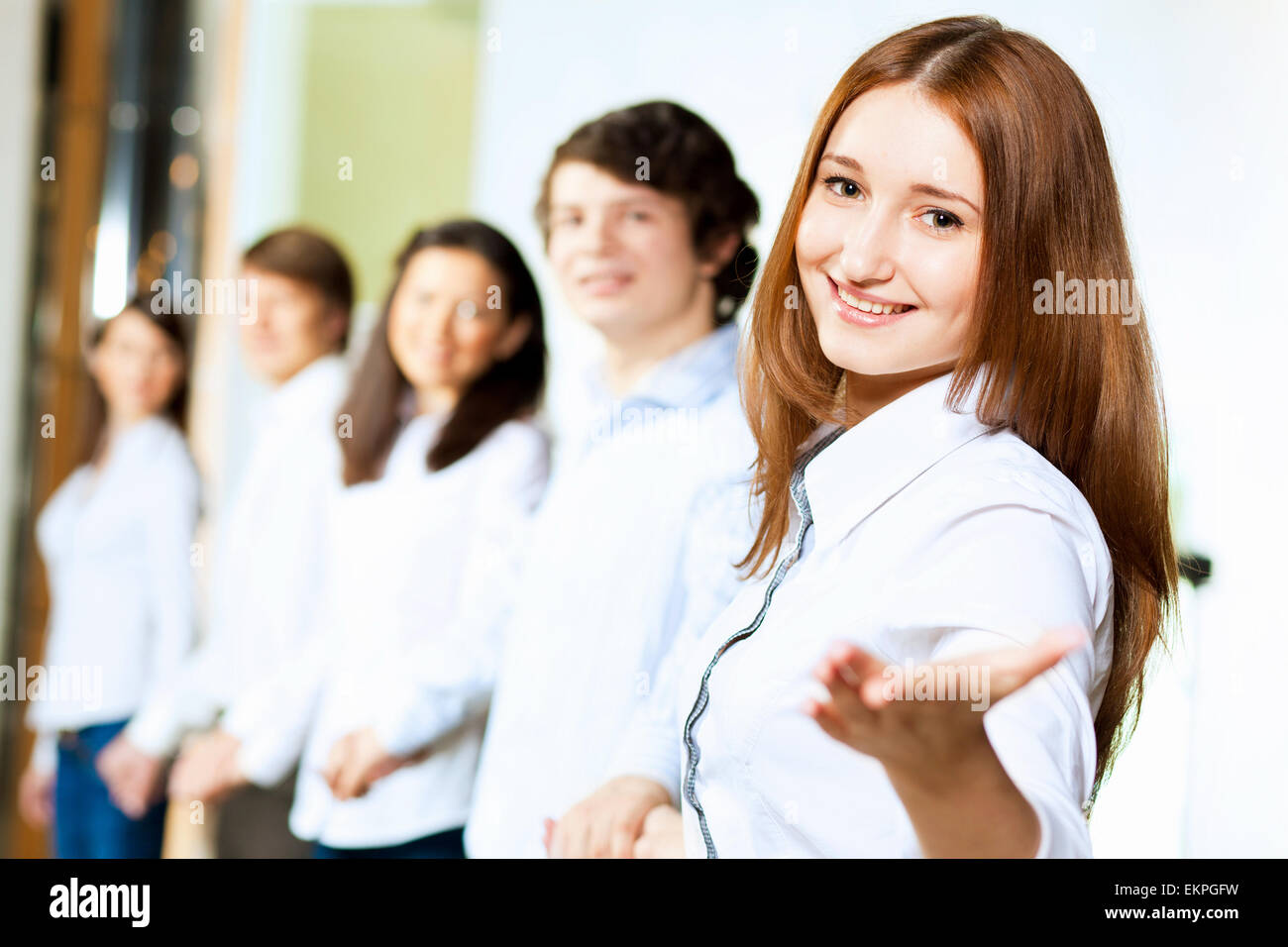 Five students smiling Stock Photo - Alamy