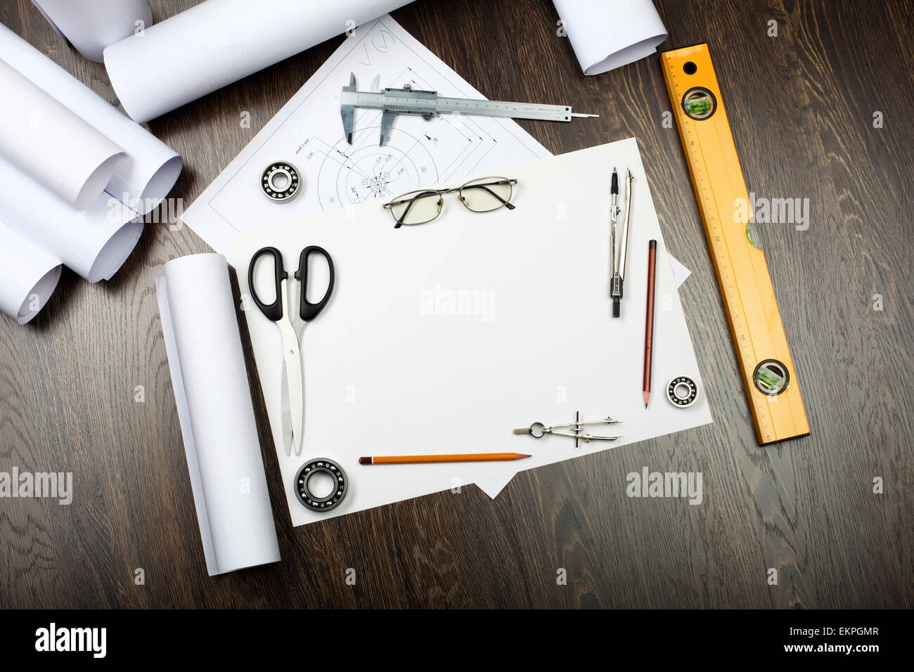 Tools and papers with sketches Stock Photo - Alamy