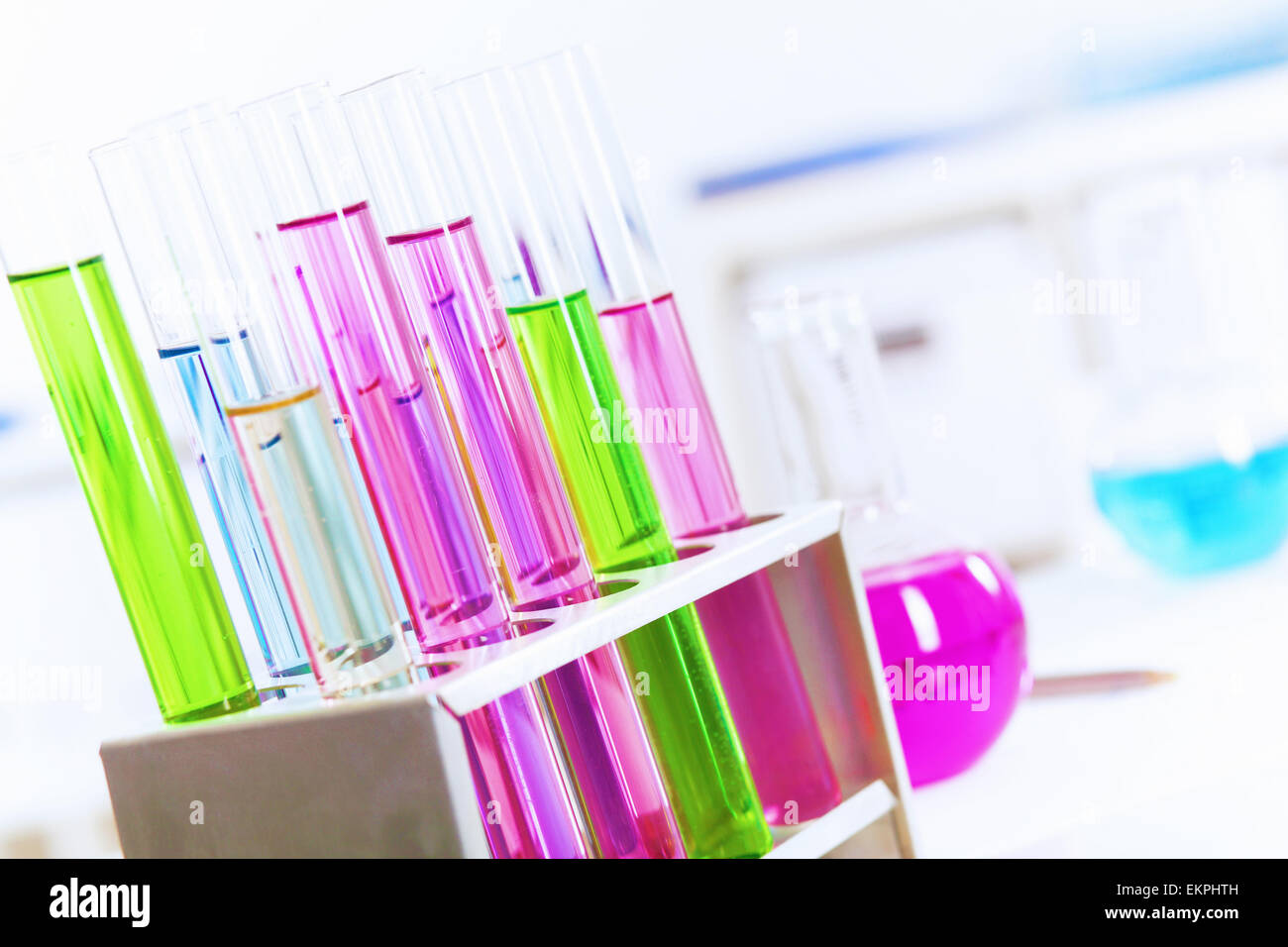 Chemistry laboratory glassware with colour liquids Stock Photo - Alamy