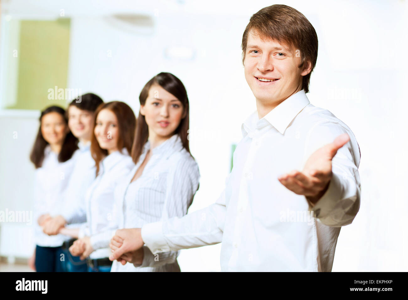 Five students smiling Stock Photo - Alamy