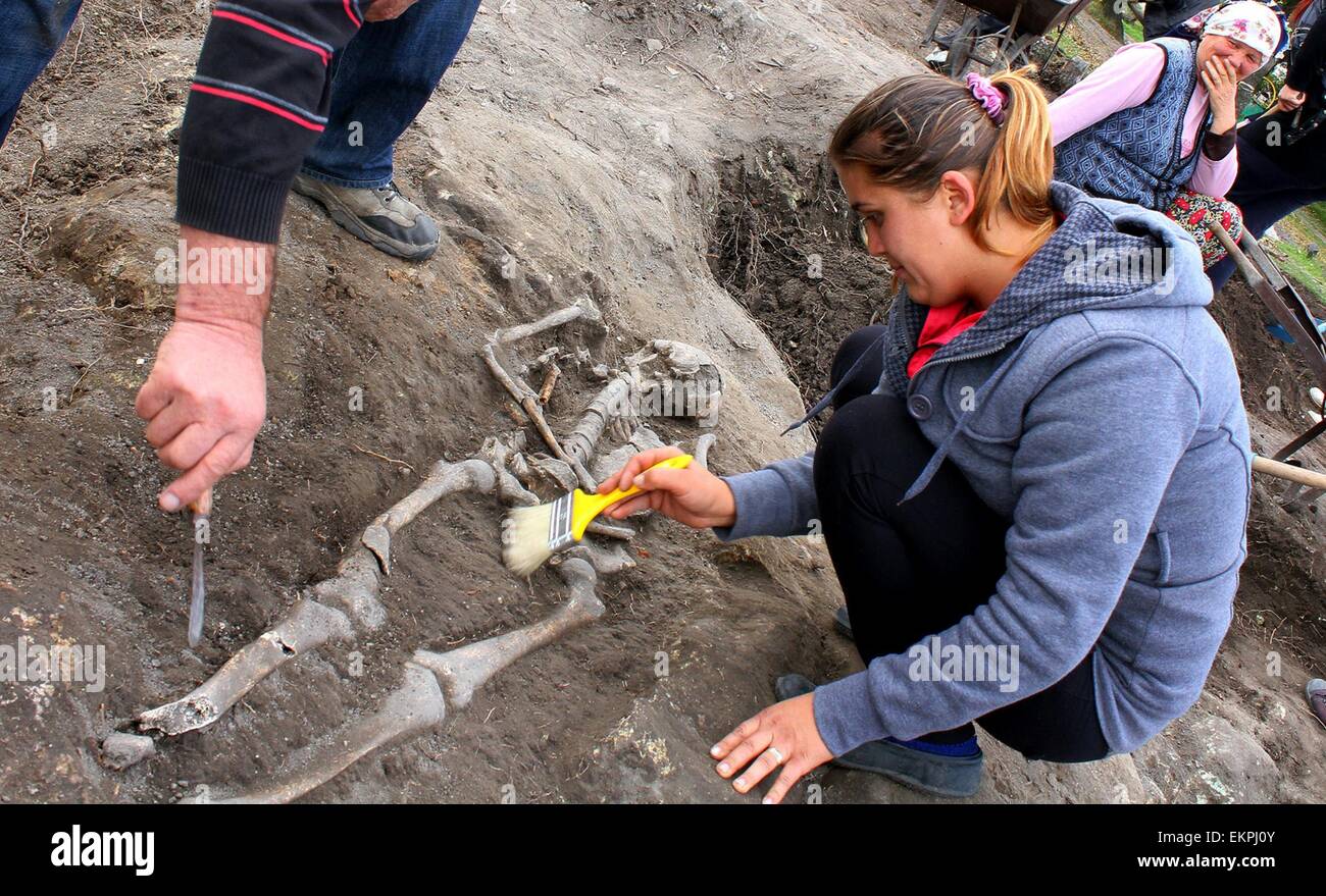 Archaelogists inspects a grave with a skeleton with an iron rod ...