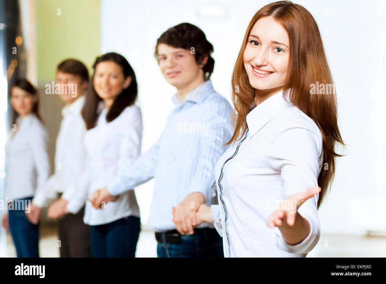 Five students smiling Stock Photo - Alamy