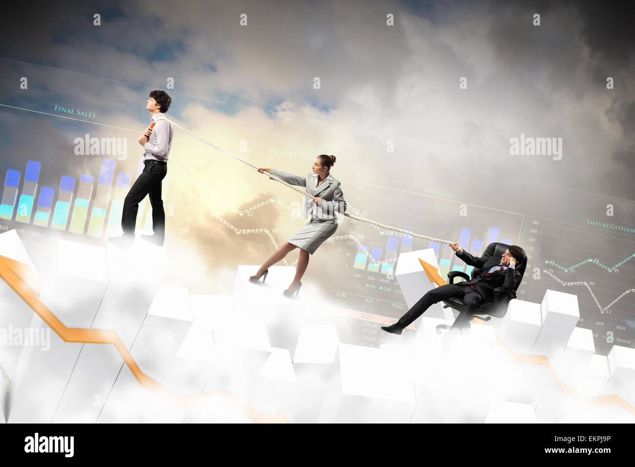 Three business people pulling rope Stock Photo - Alamy