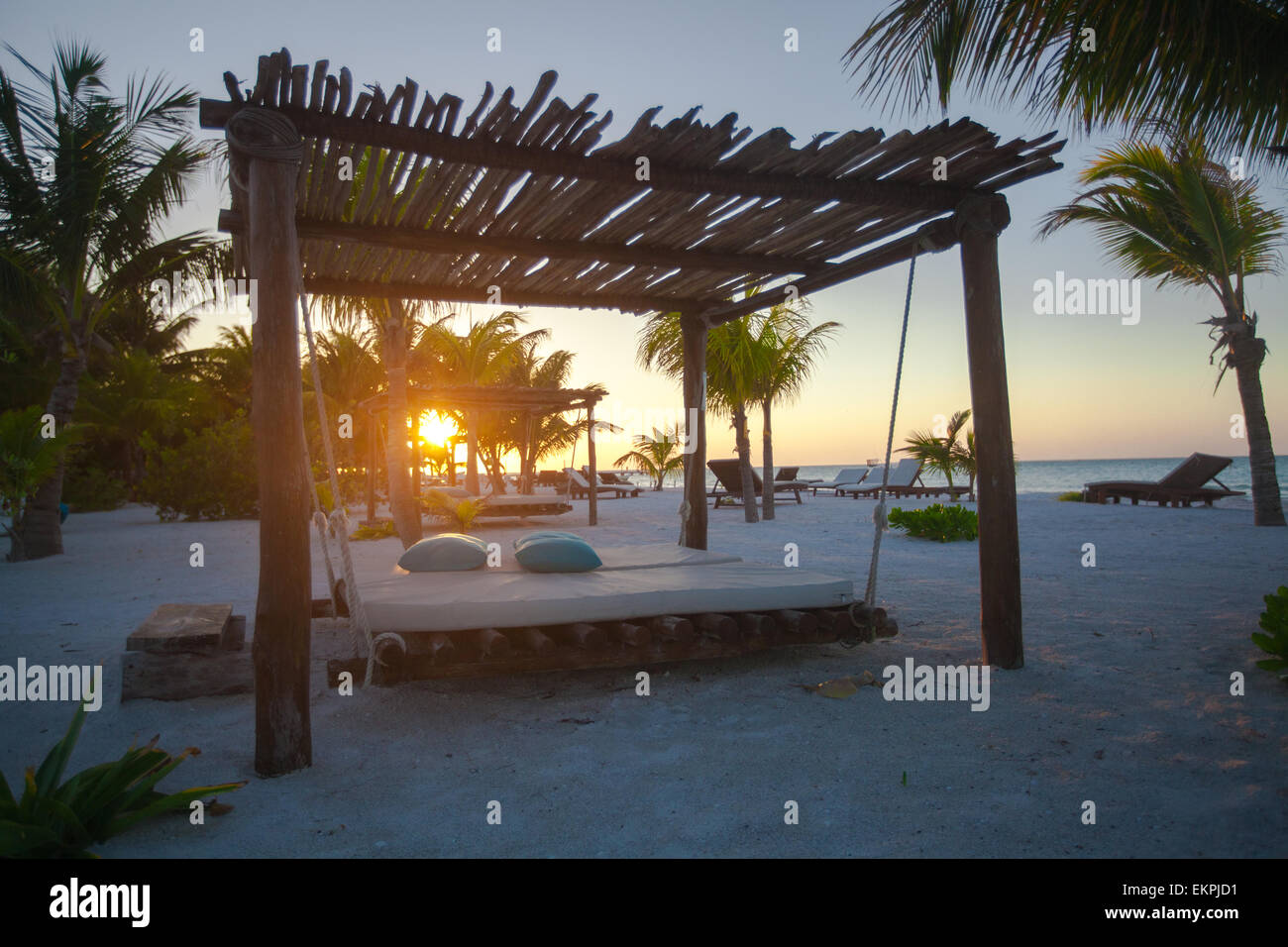 Beach beds among palm trees at perfect tropical coast at sunset Stock ...