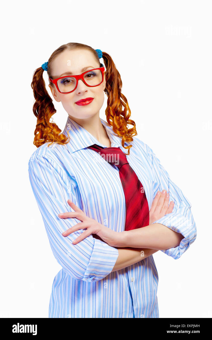 Teenager girl in red glasses Stock Photo - Alamy