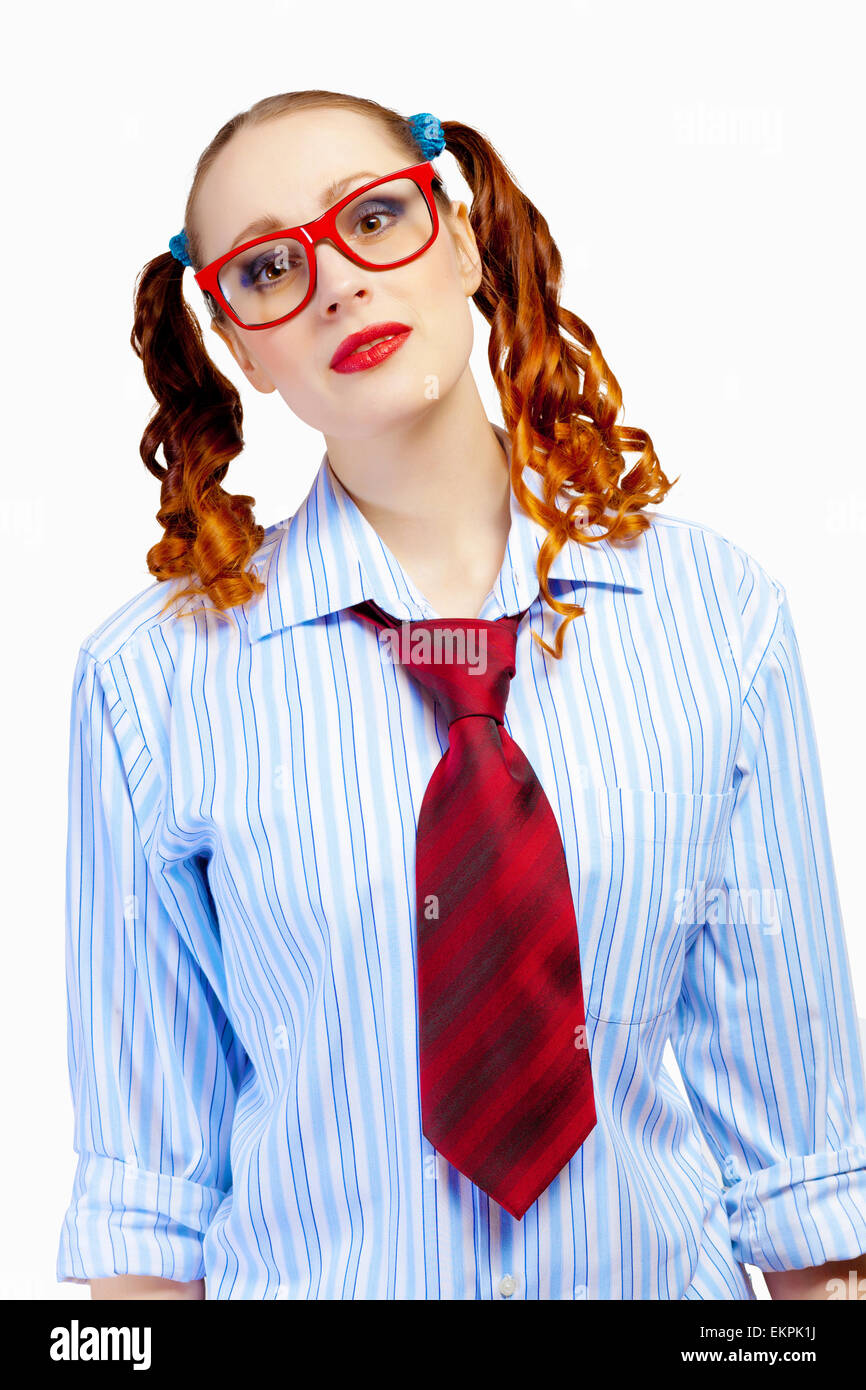 Teenager girl in red glasses Stock Photo - Alamy