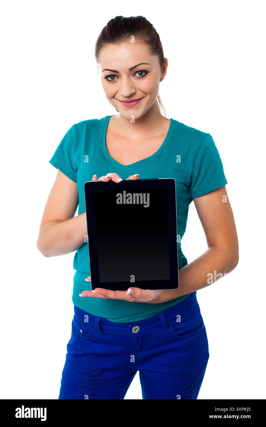 Cute model showing newly launched tablet pc Stock Photo - Alamy