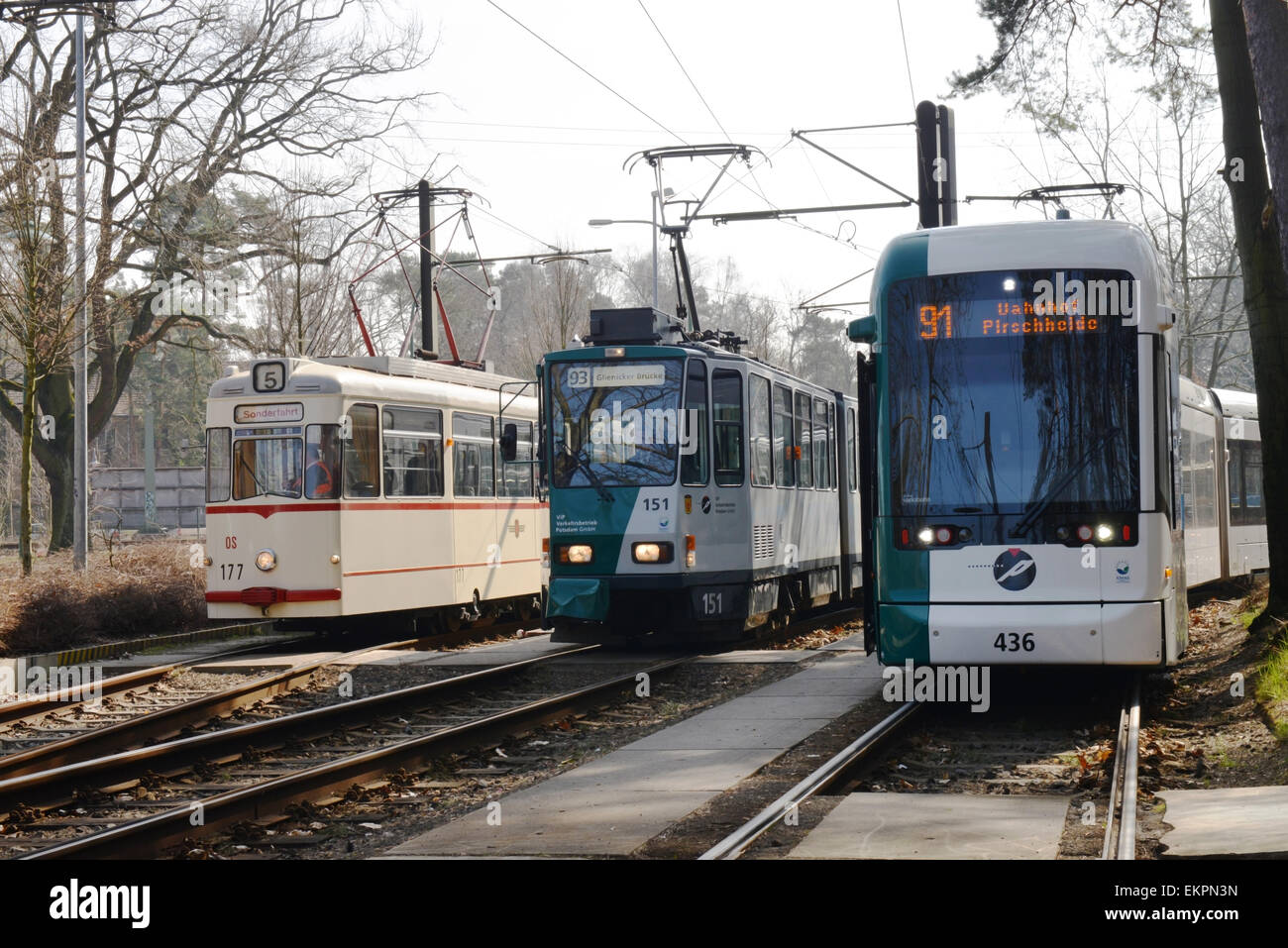 Three Potsdam Trams at Bahnhof Rehbrücke Terminus, Heritage Car 177 ...